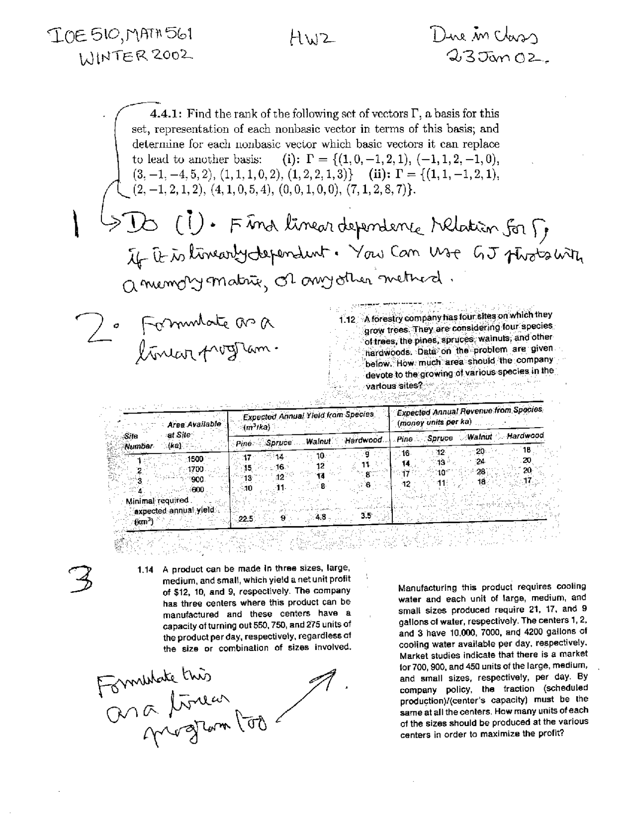 Homework 2 Linear Problem I Winter 2002 Ioe 510 Docsity