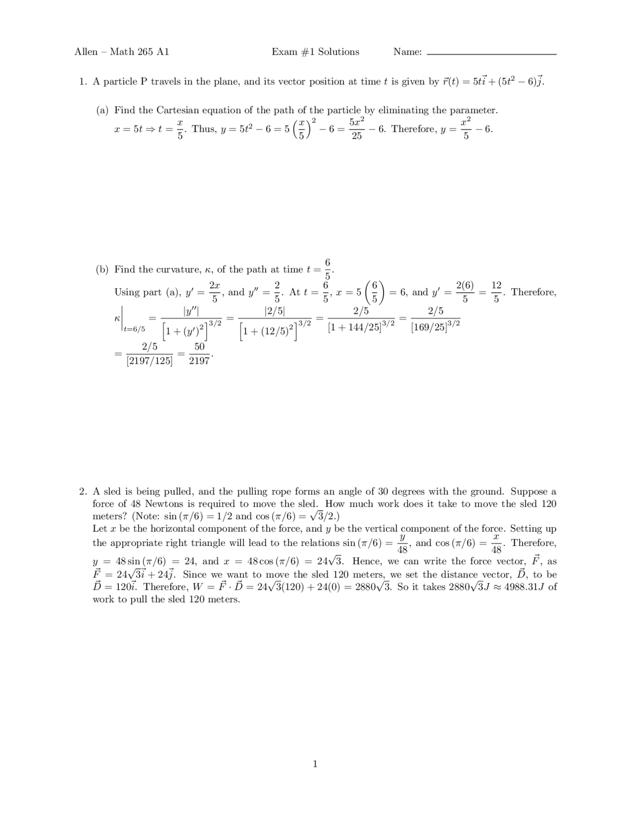 Solution of Practice Exam 1 - Calculus III | MATH 265 - Docsity