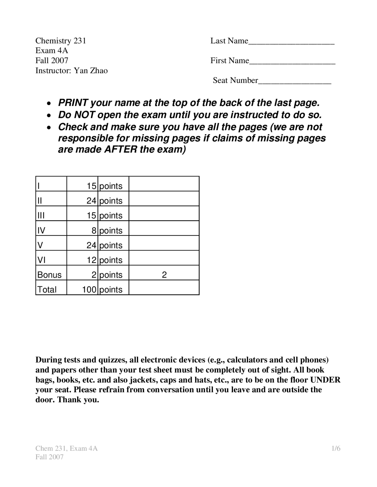 Exam 4A for Elementary Organic Chemistry - Fall 2007 | CHEM 231 - Docsity
