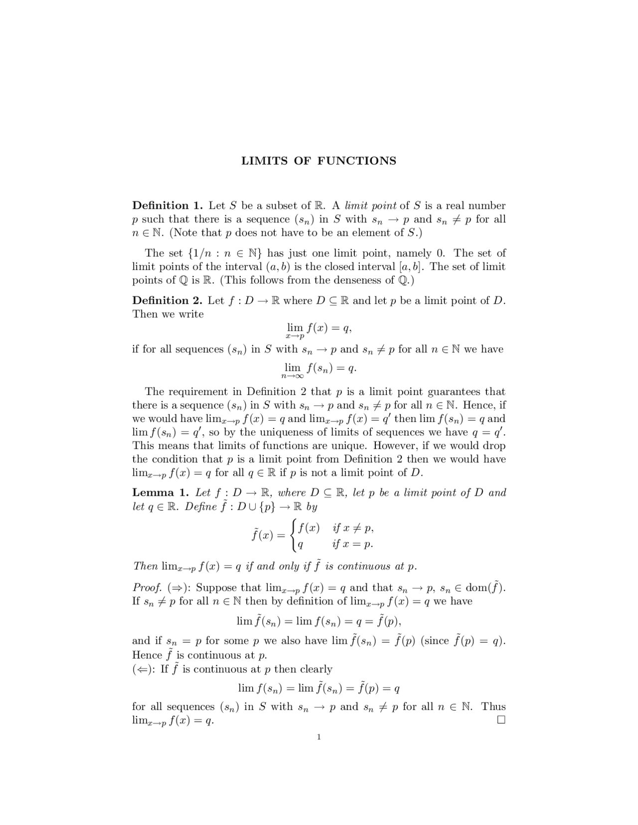 Limits Of Functions Principles Of Analysis Lecture Notes Math 351