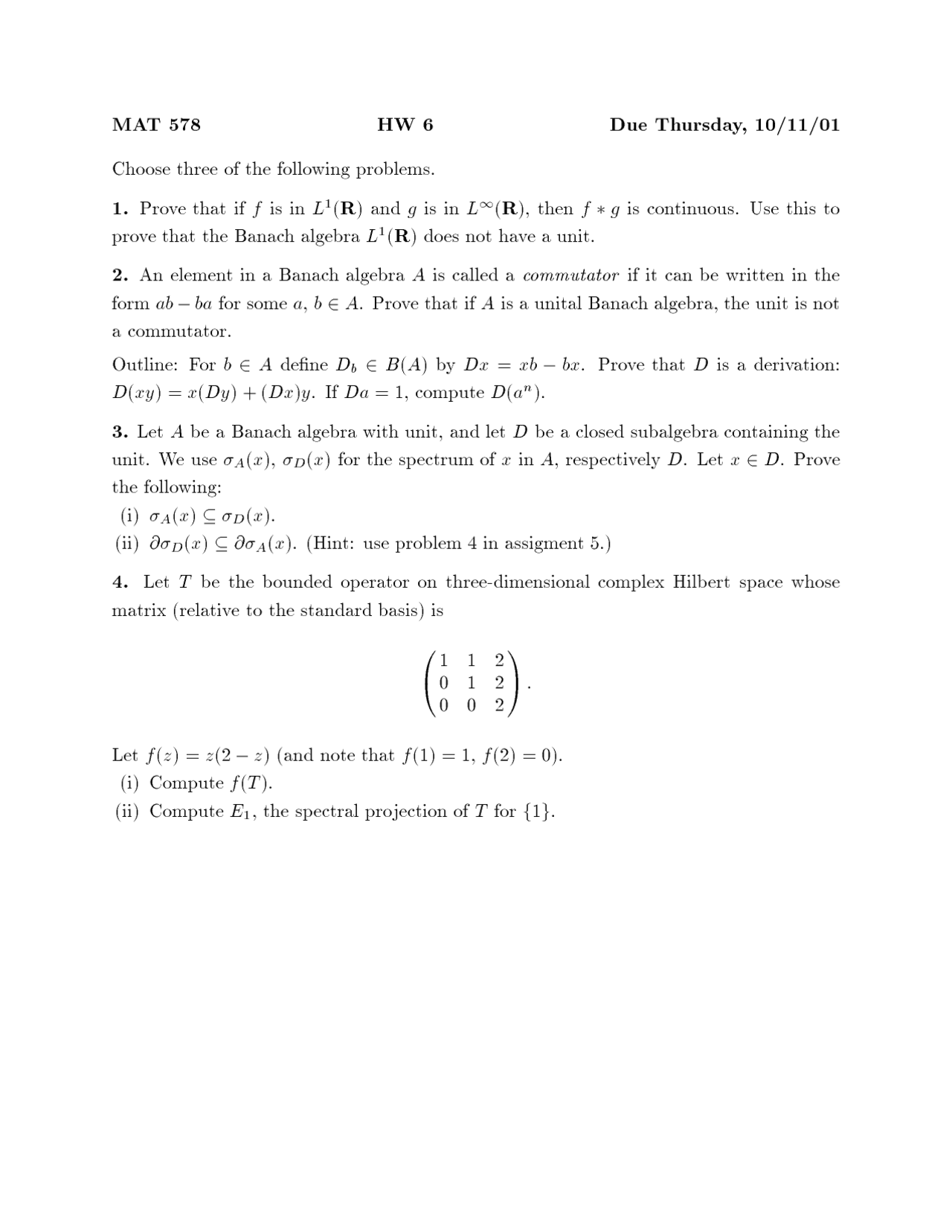 4 Problems on Functional Analysis - Assignment 6 | MAT 578 - Docsity