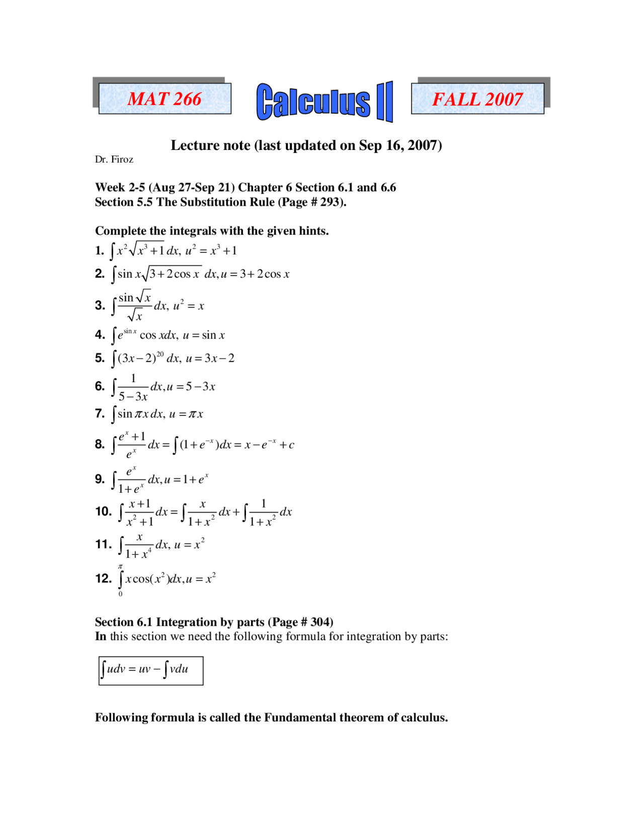 Substitution Rule Calculus Ii Lecture Notes Mat 266 Docsity