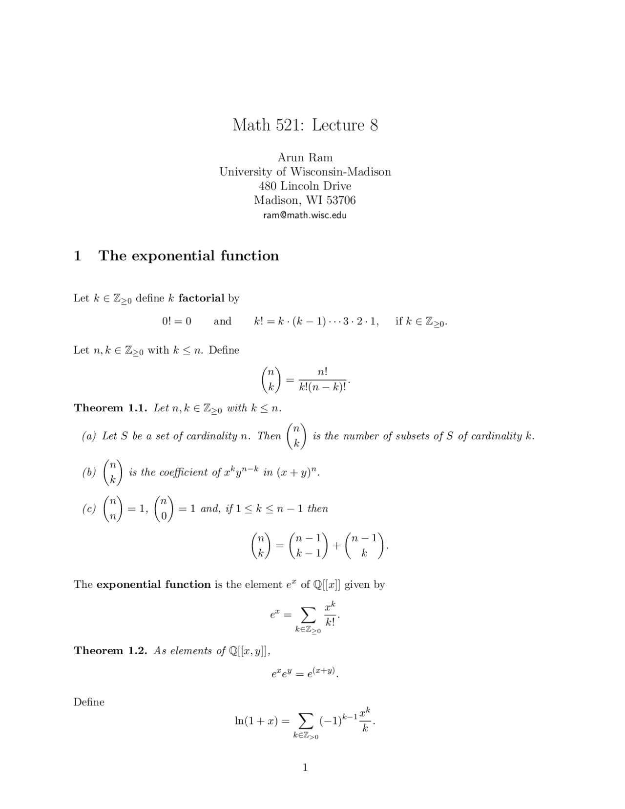 Lecture Notes On The Exponential Function Analysis I Math 521 Docsity