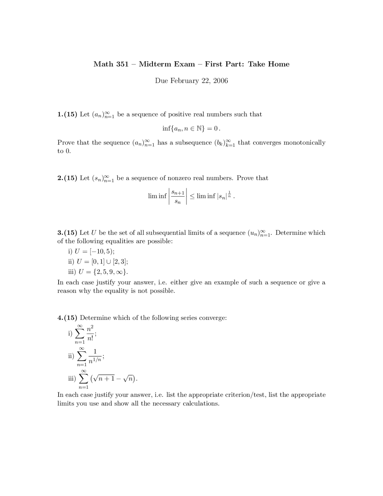 4 Questions On Principles Of Analysis Midterm Exam Math 351 Docsity