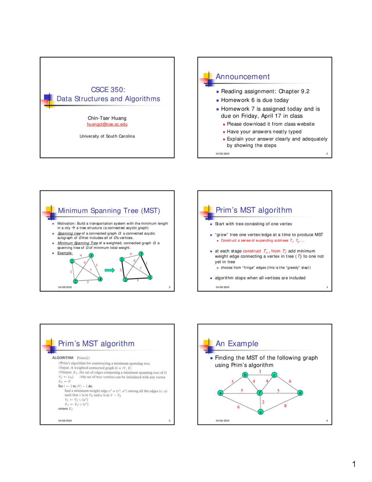Minimum Spanning Tree In The Prim S Algorithms Homework 1 Csce 350 Docsity
