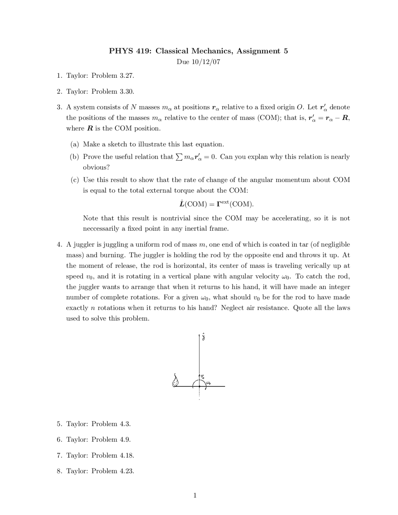 Assignment 5 for Classical Mechanics I | PHYS 419 - Docsity