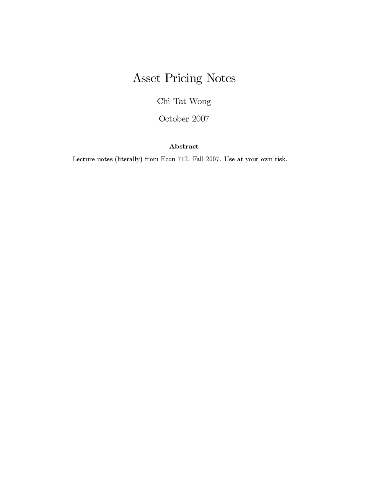 Economic Theory Macroeconomics Sequence Asset Pricing Notes Econ