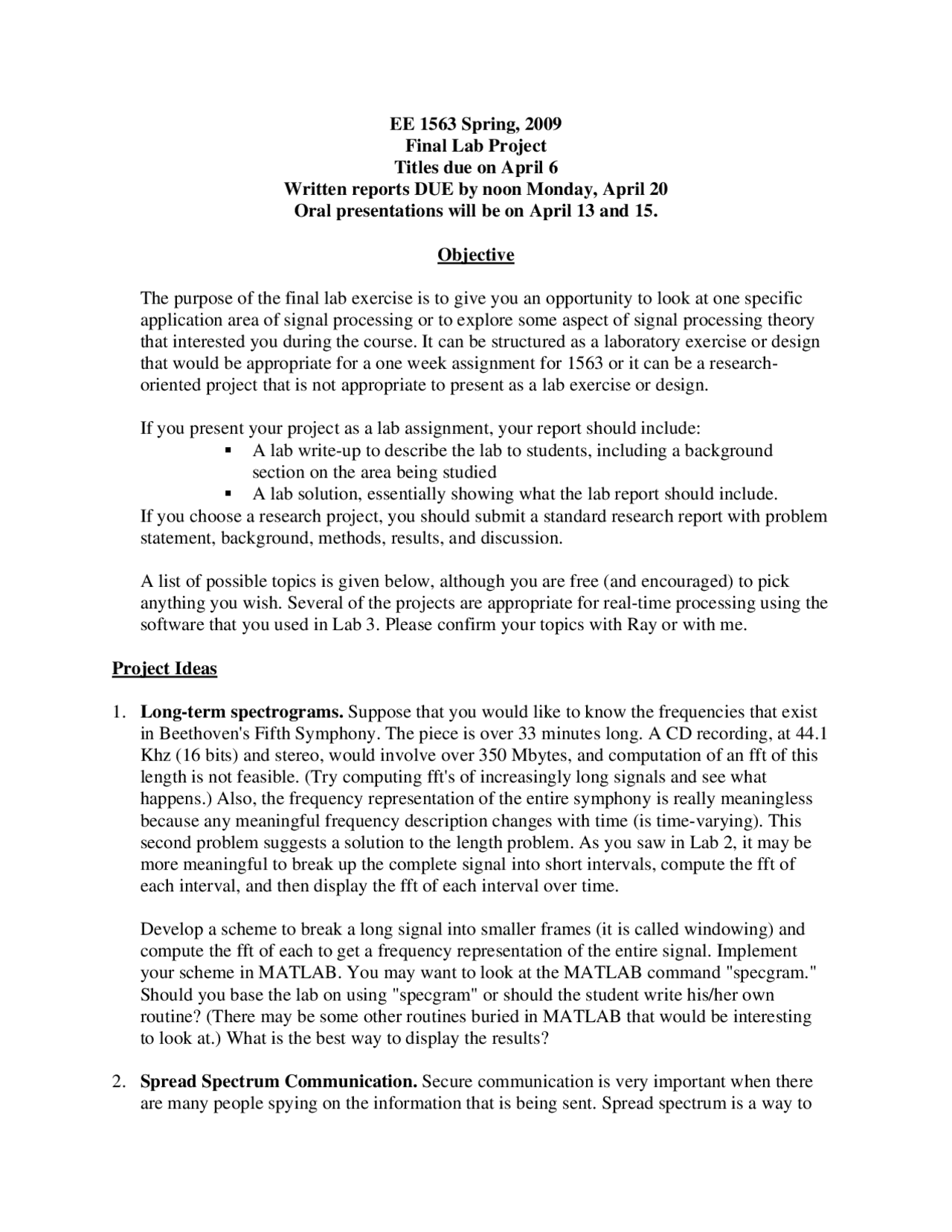 EE 1563 Spring, 2009 Final Lab Project: Signal Processing Applications | Study Guides, Projects ...