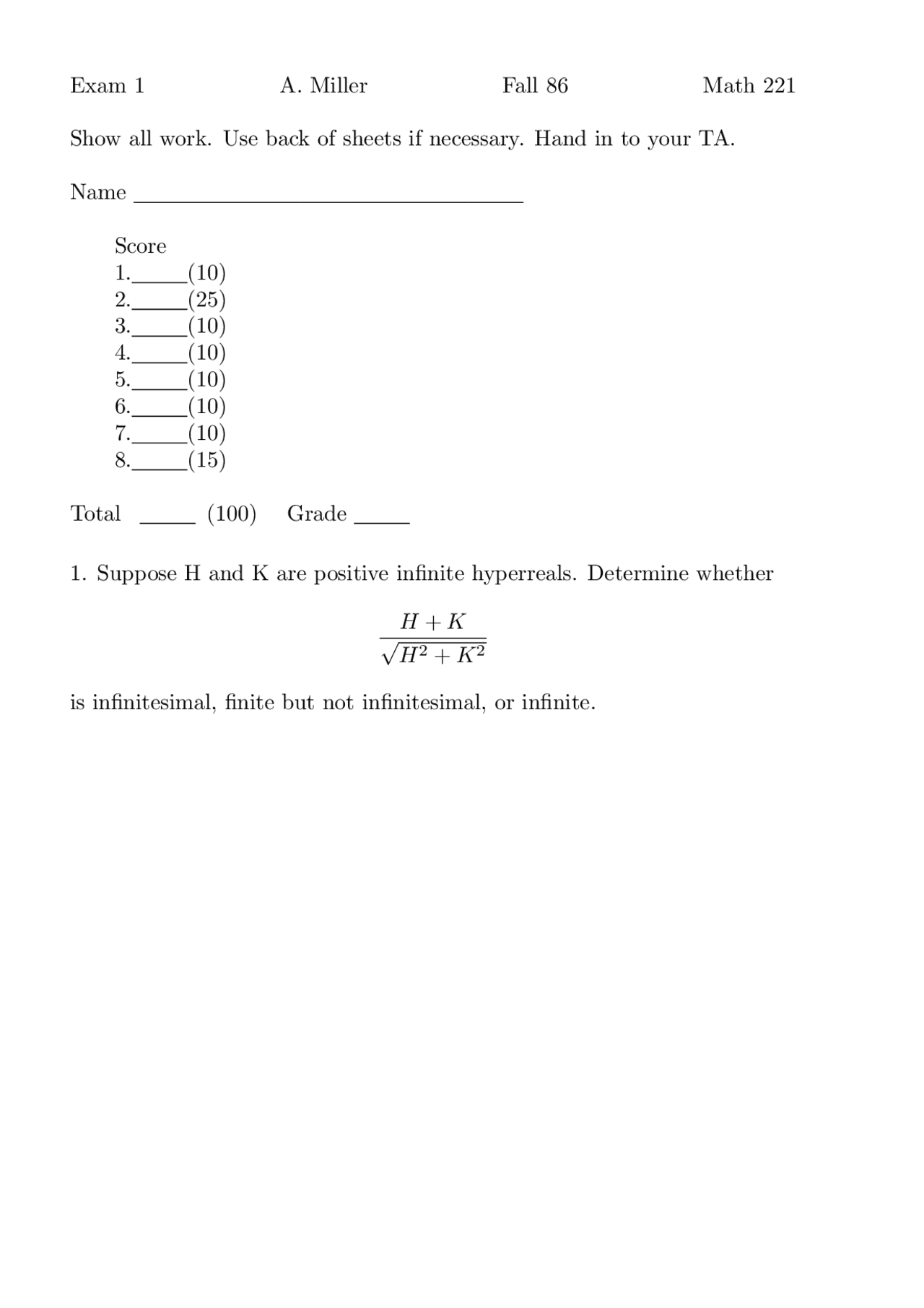 Exam 1 For Calculus And Analytical Geometry Math 221 Docsity