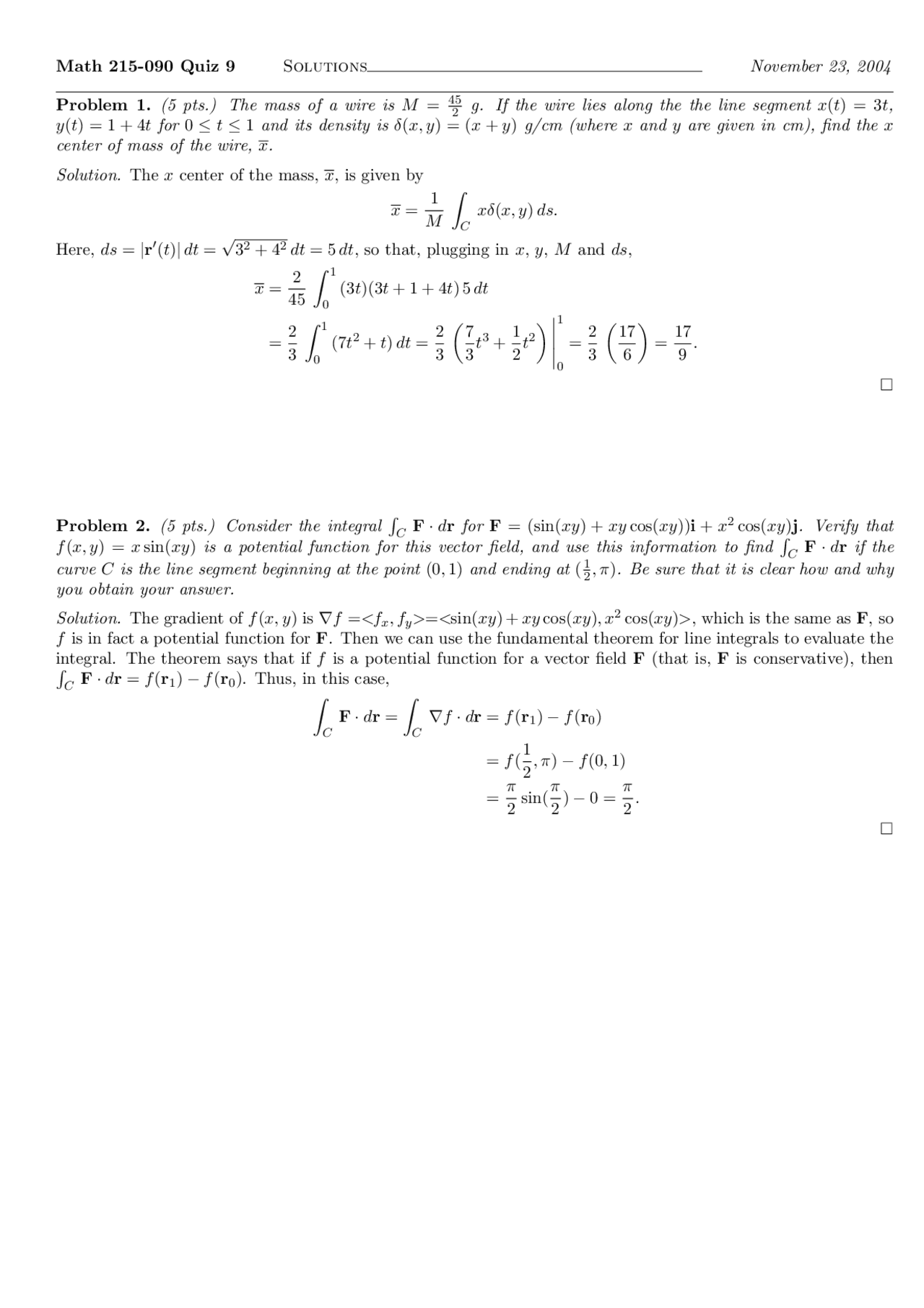 Quiz 9 with Solution for Calculus III | MATH 215 - Docsity