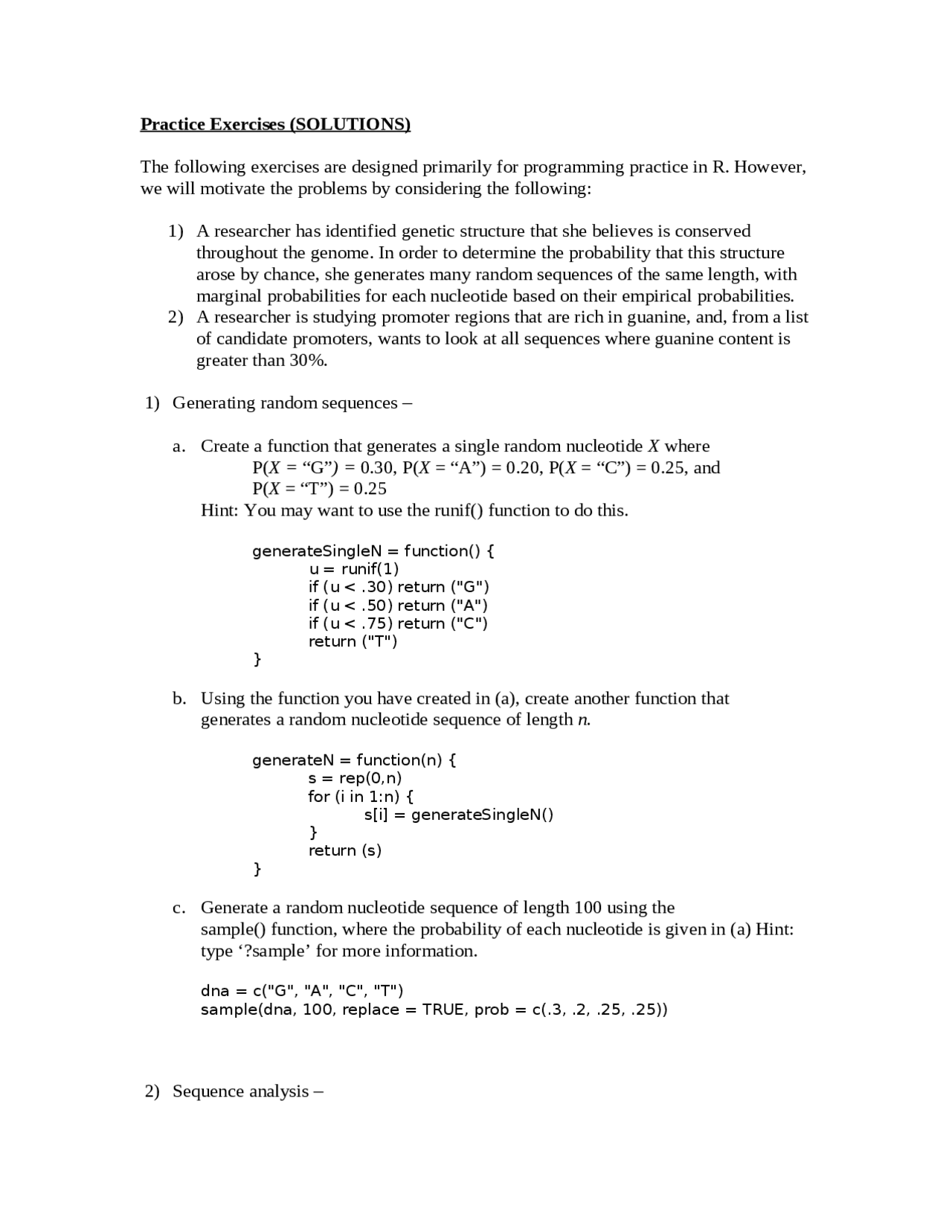 Practice Problems With Solutions Introduction To Bioinformatics Bcb