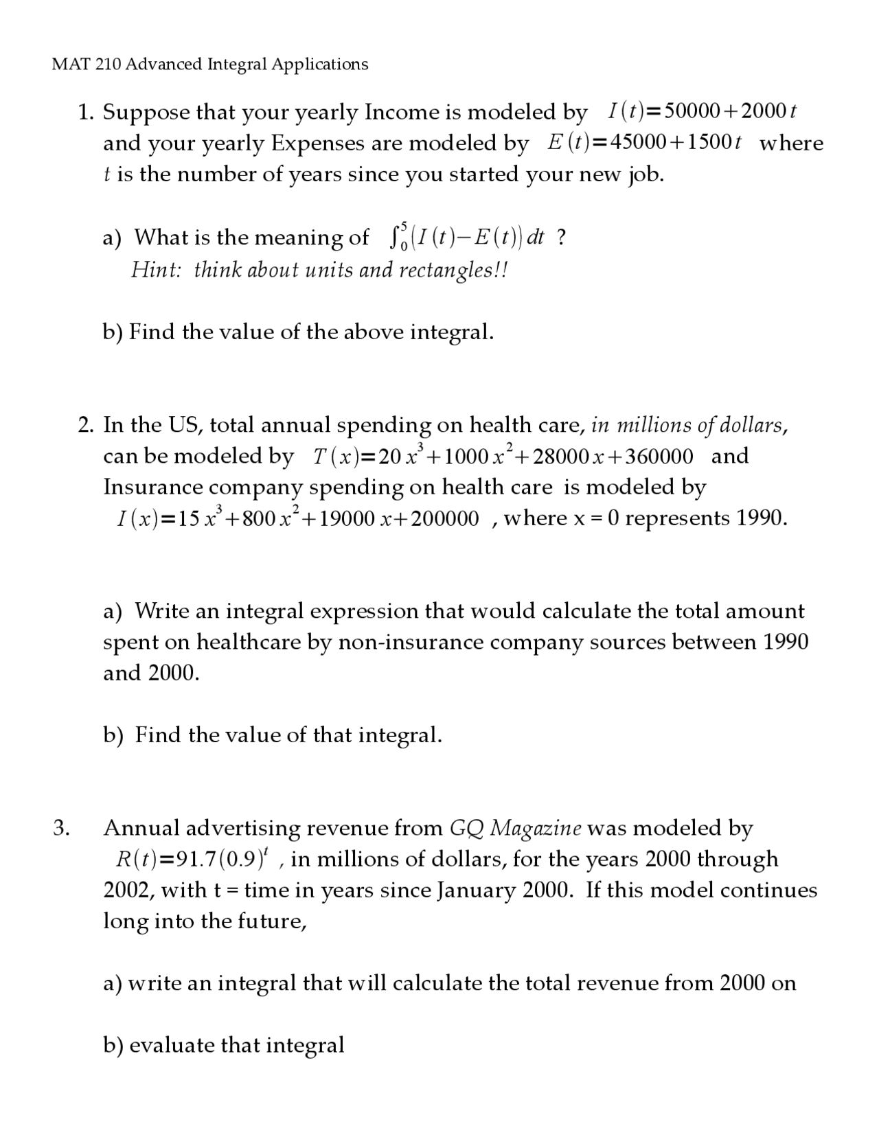 Advanced Integral Applications Brief Calculus Mat 210 Docsity