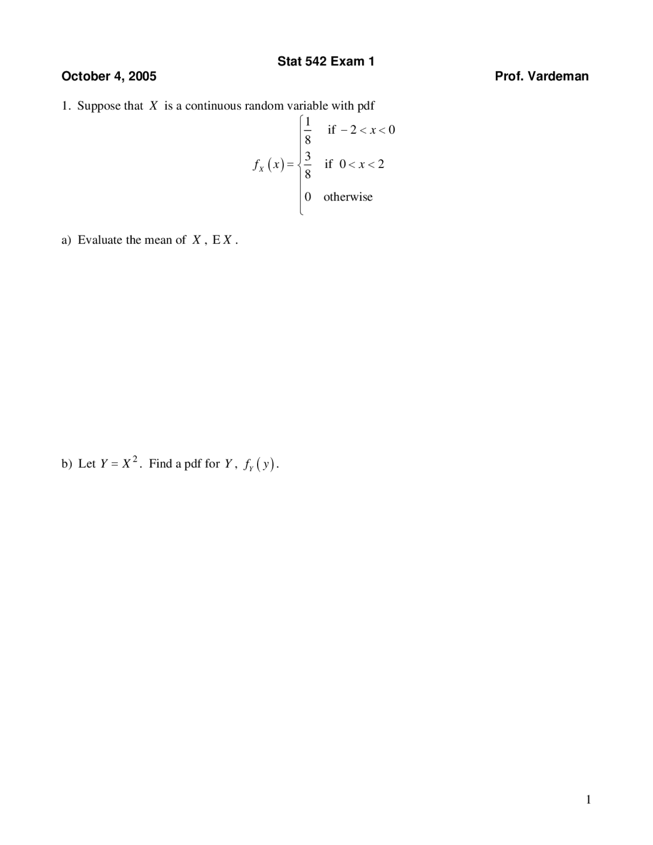 Sample Exam 1 Problems - Theory of Probability and Statistics I | STAT 542 | Exams Probability ...
