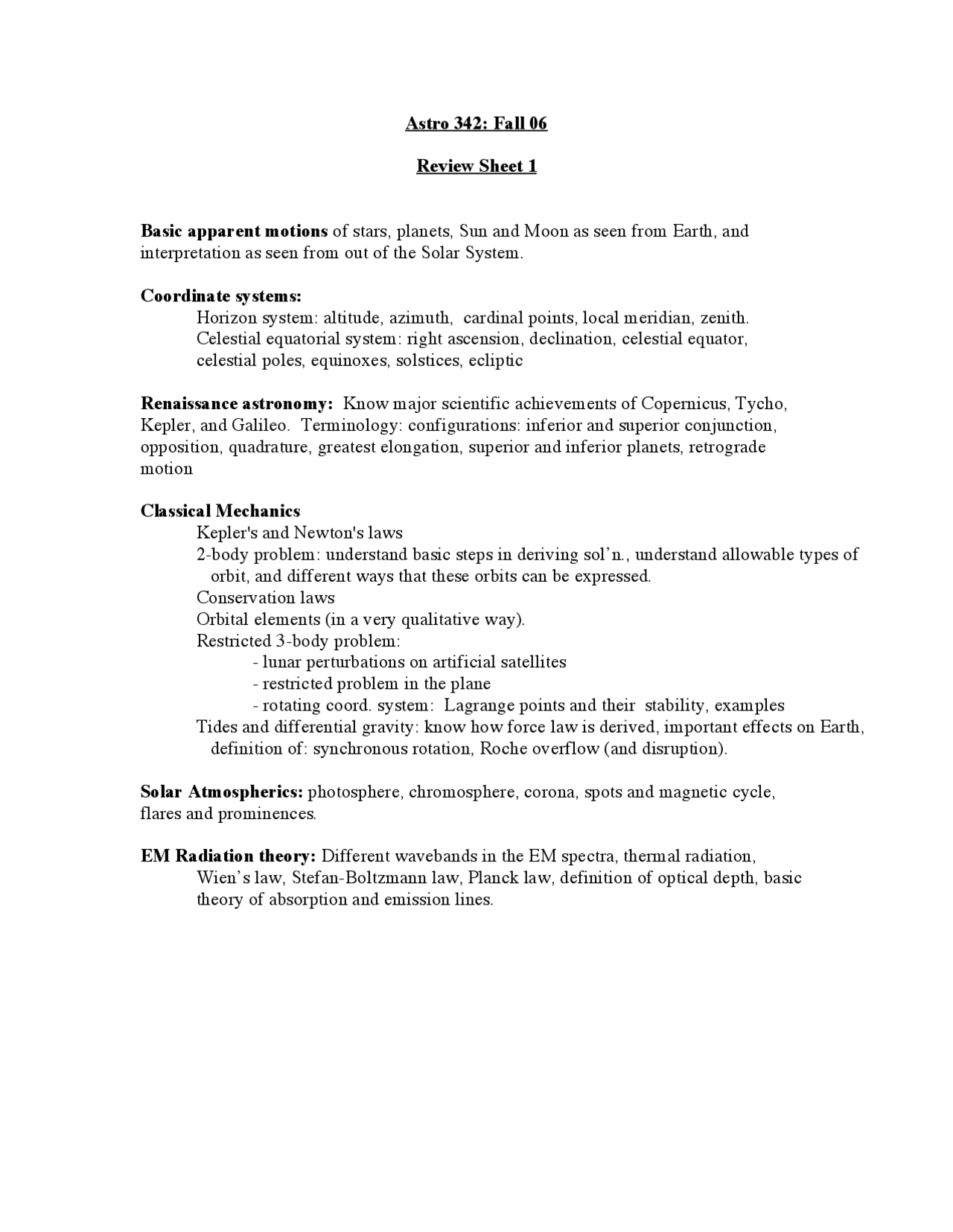 Review Sheet I Introduction To Solar System Astronomy Astro 342