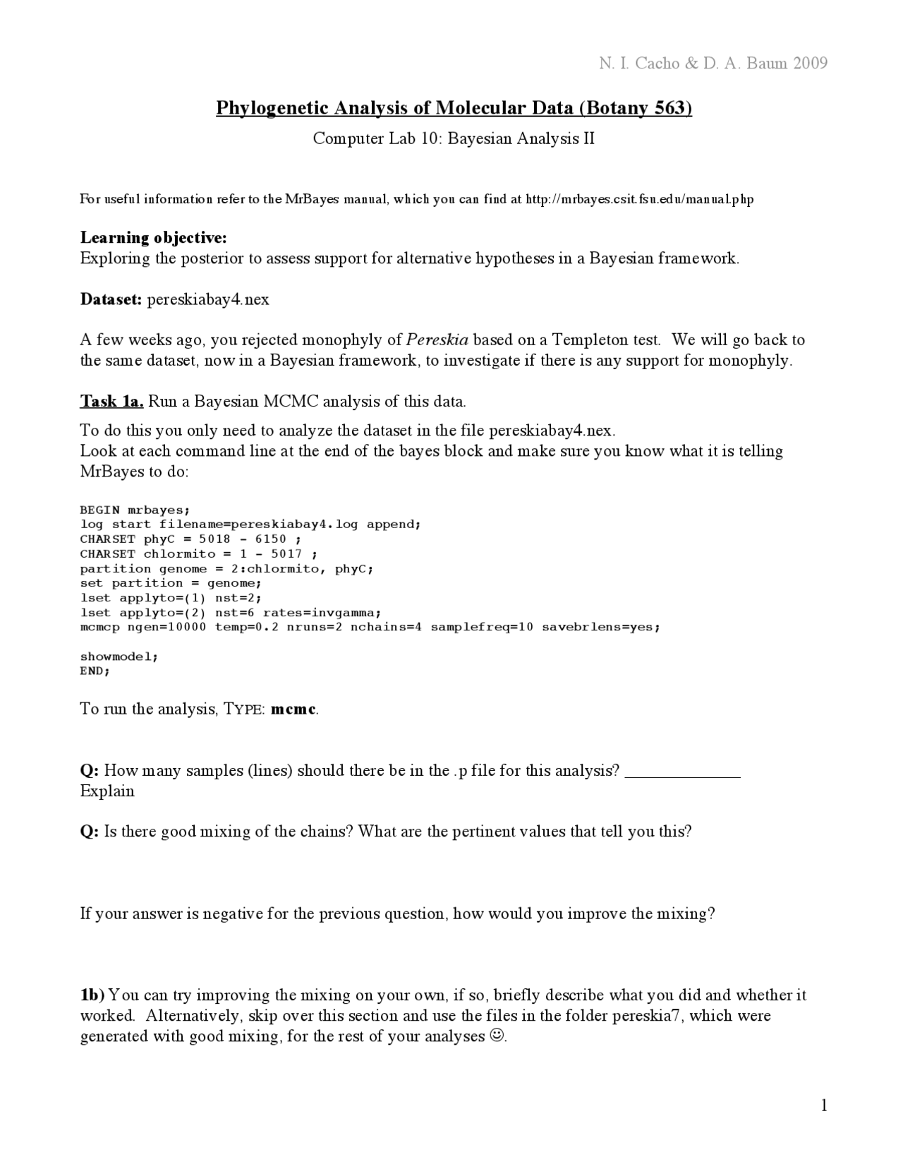 Computer Lab 10: Bayesian Analysis II | BOTANY 563 - Docsity