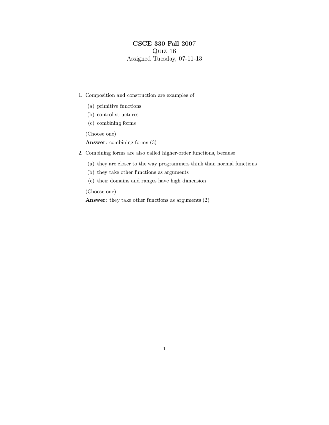 Programming Language Structures Solved Quiz 16 Csce 330 Docsity 3237