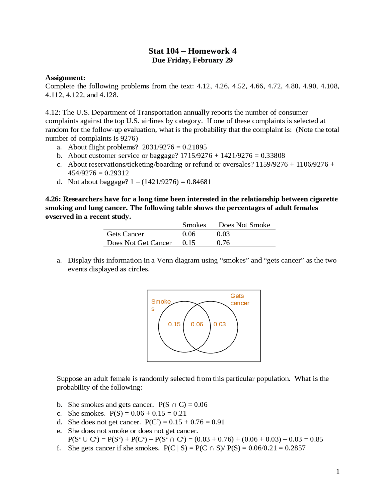 Probability Problems from Stat 104 Homework 4 | Assignments Statistics | Docsity