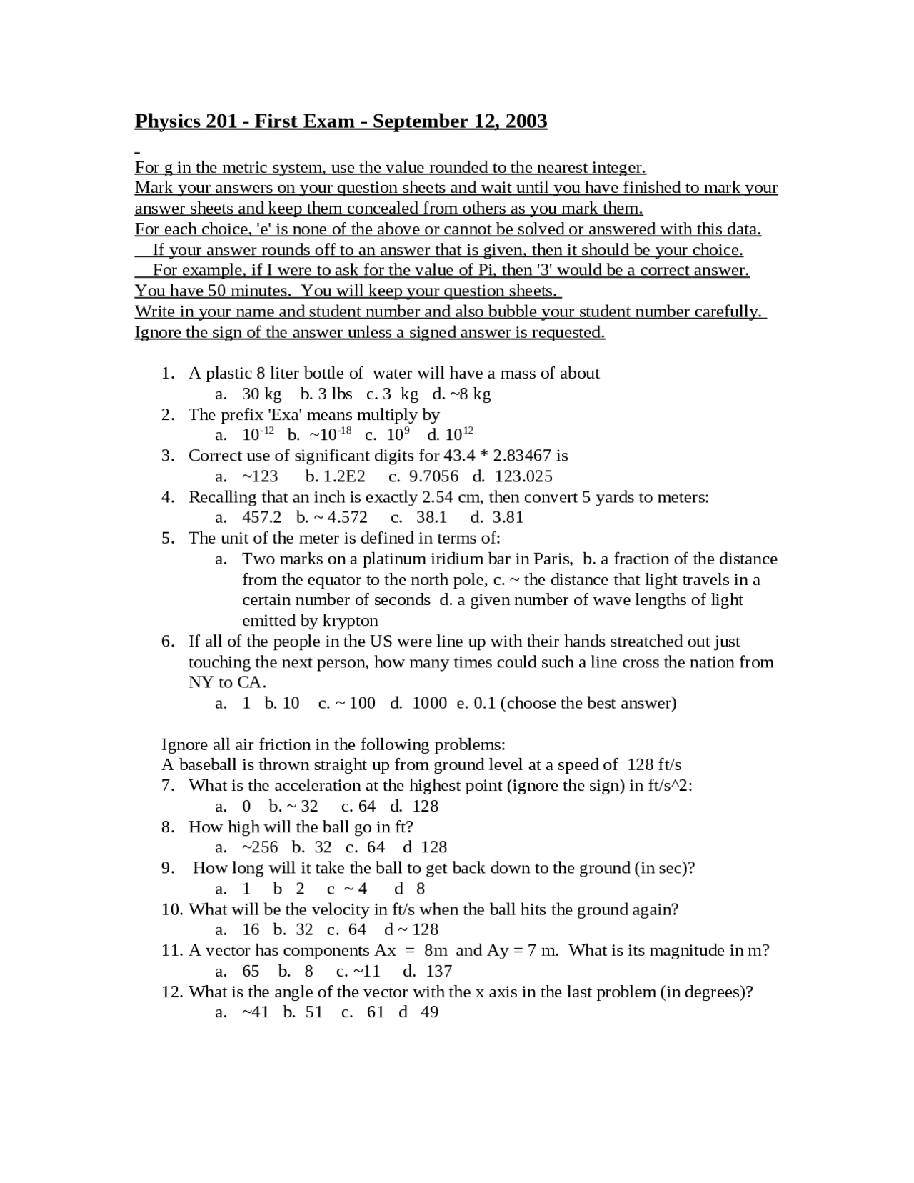 25 Questions On General Physics I First Examination Phys 201 Docsity