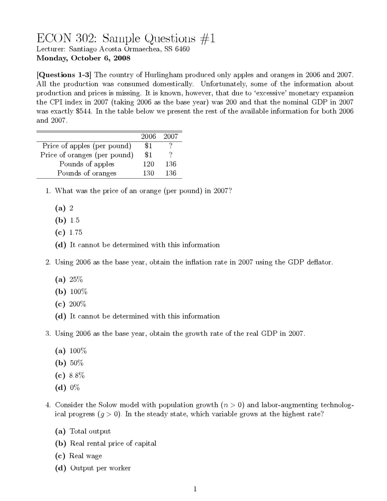 Sample Questions 1 Intermediate Macroeconomic Theory Econ 302