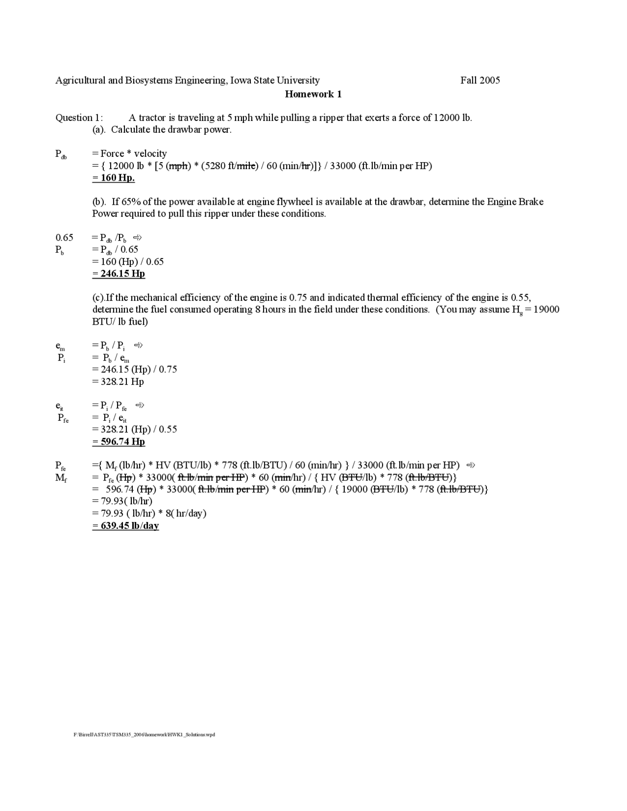 Solved Questions For Assignment 1 Tractor Power Tsm 335 Docsity
