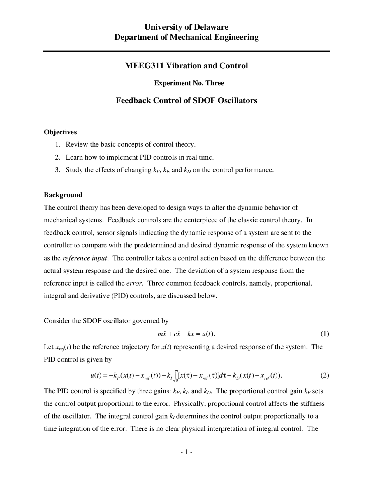 Feedback Control Of Sdof Oscillators Lab 3 Meeg 311 Docsity