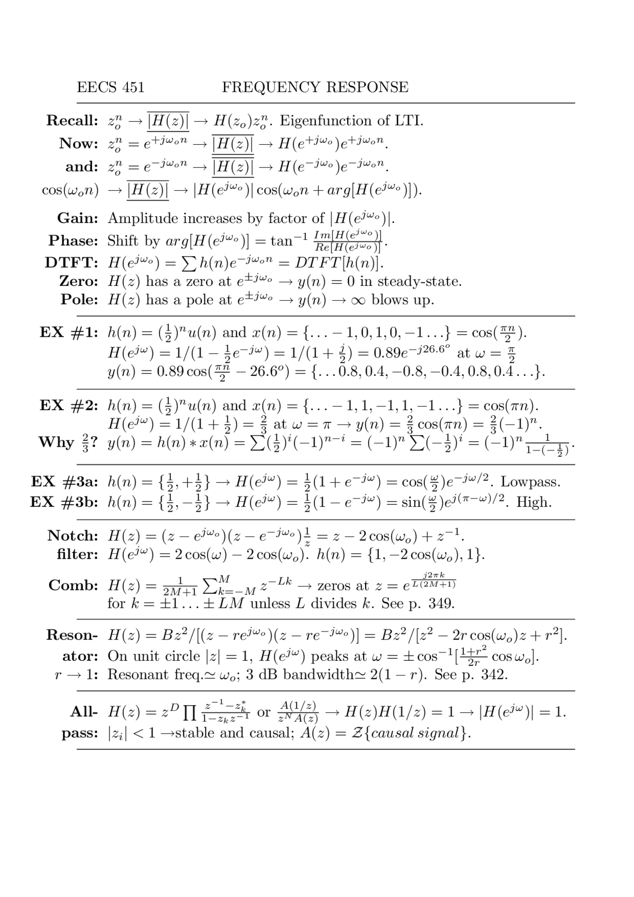 Frequency Response Lecture Notes Eecs 451 Docsity