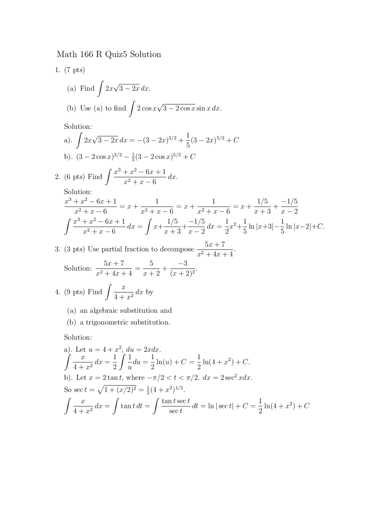Quiz 5 Solutions - 4 Problems on Calculus II | MATH 166 - Docsity