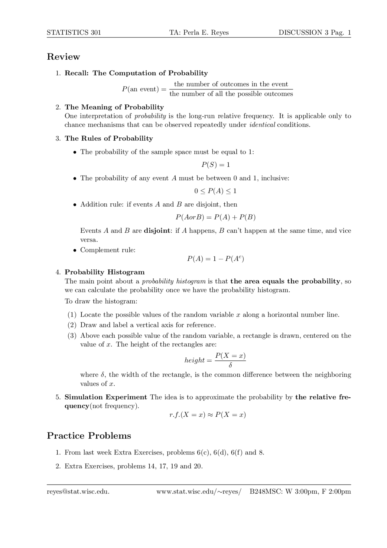 Review Sheet for Computation of Probability | STAT 301 - Docsity