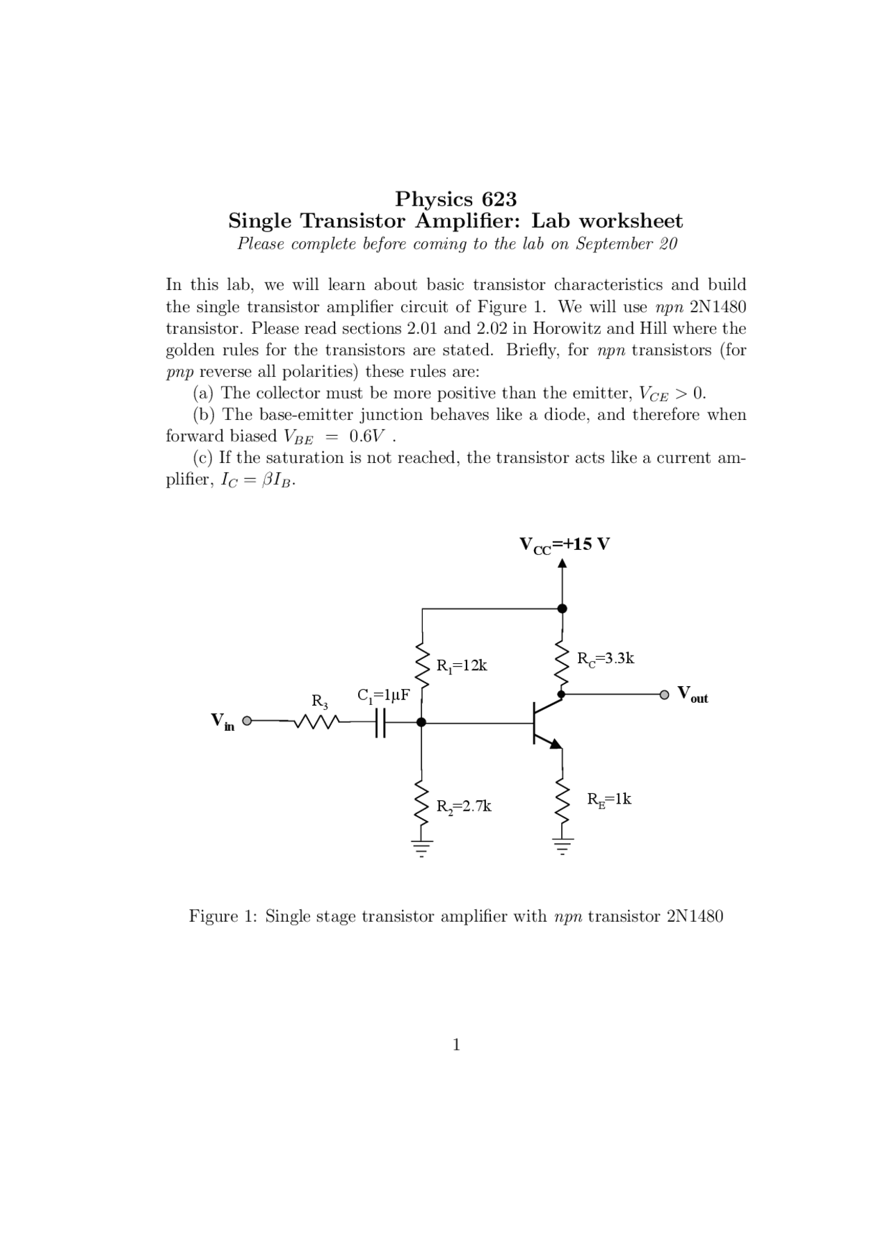 Single Transistor Amplifier Lab Worksheet Physics 623 Docsity