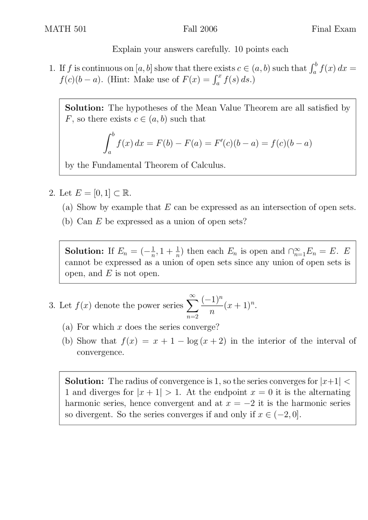 Final Exam With Solution For Introduction To Real Analysis Math 501