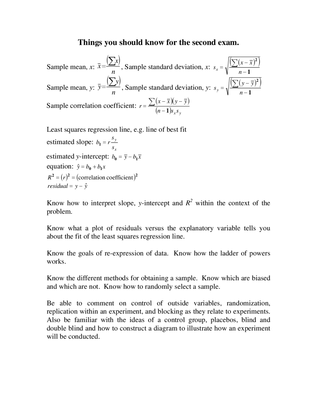 Review Sheet For Exam Principles Of Statistics Stat 101 Docsity