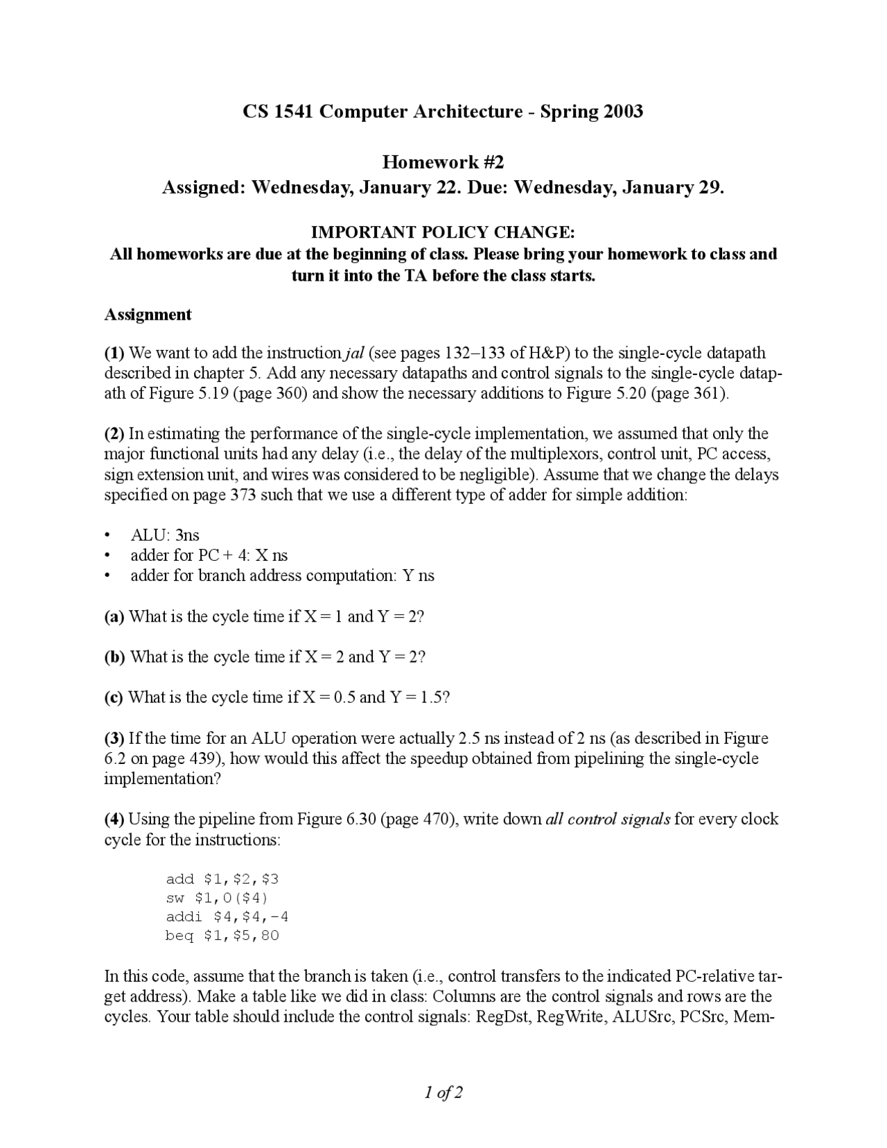 Questions for Homework 2 - Introduction to Computer Architecture | CS 1541 - Docsity