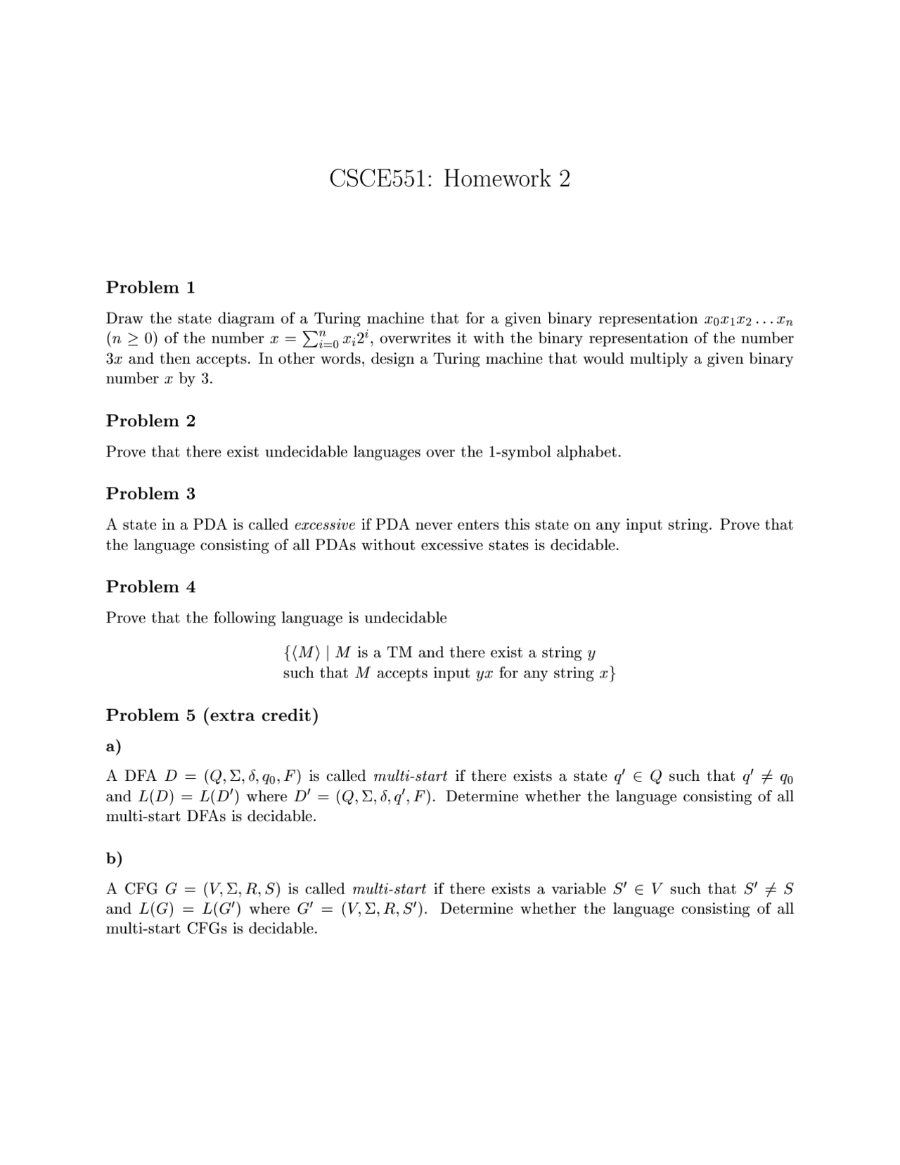 Theory Of Computation Homework 2 Questions Csce 551 Docsity
