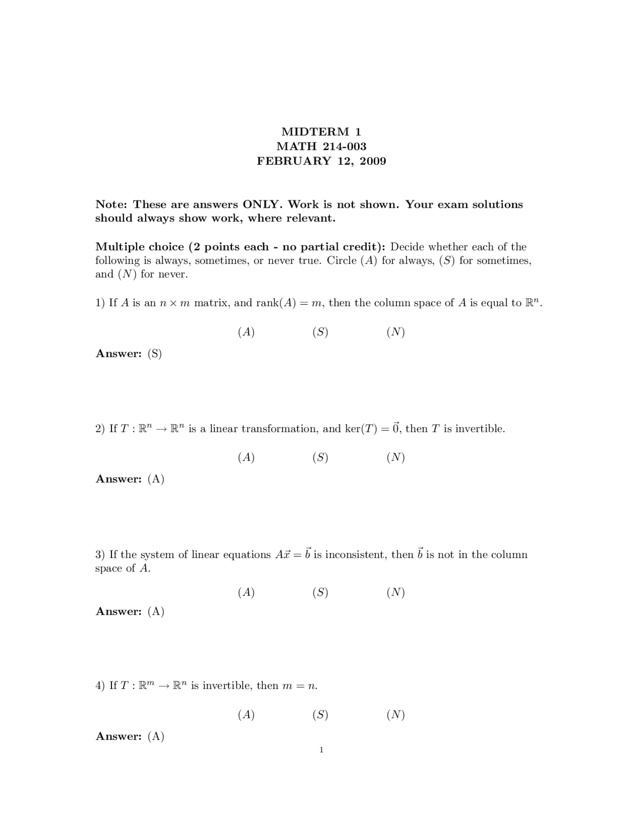 Solution For Midterm Exam 1 Linear Algorithms And Differential Equation Math 214 Docsity