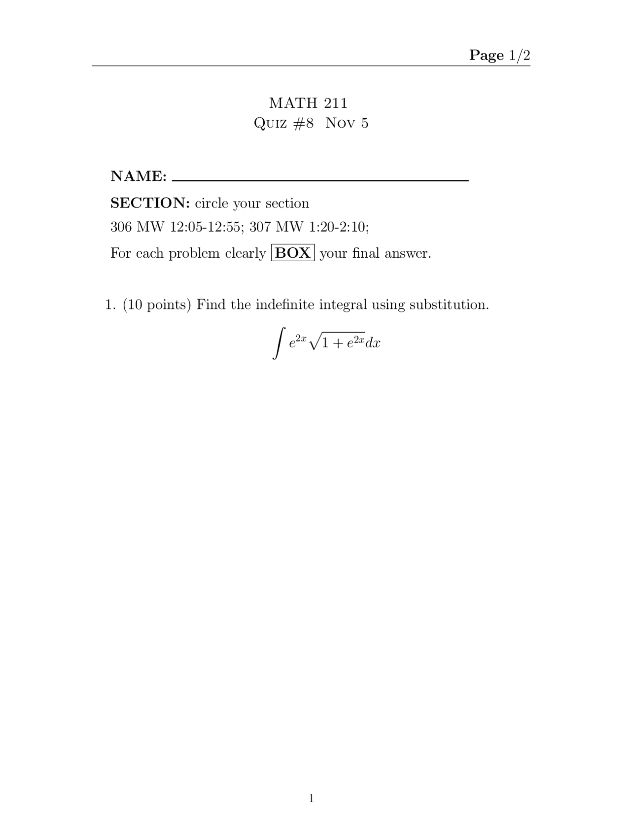 Quiz 8 Without Solution Calculus Math 211 Docsity