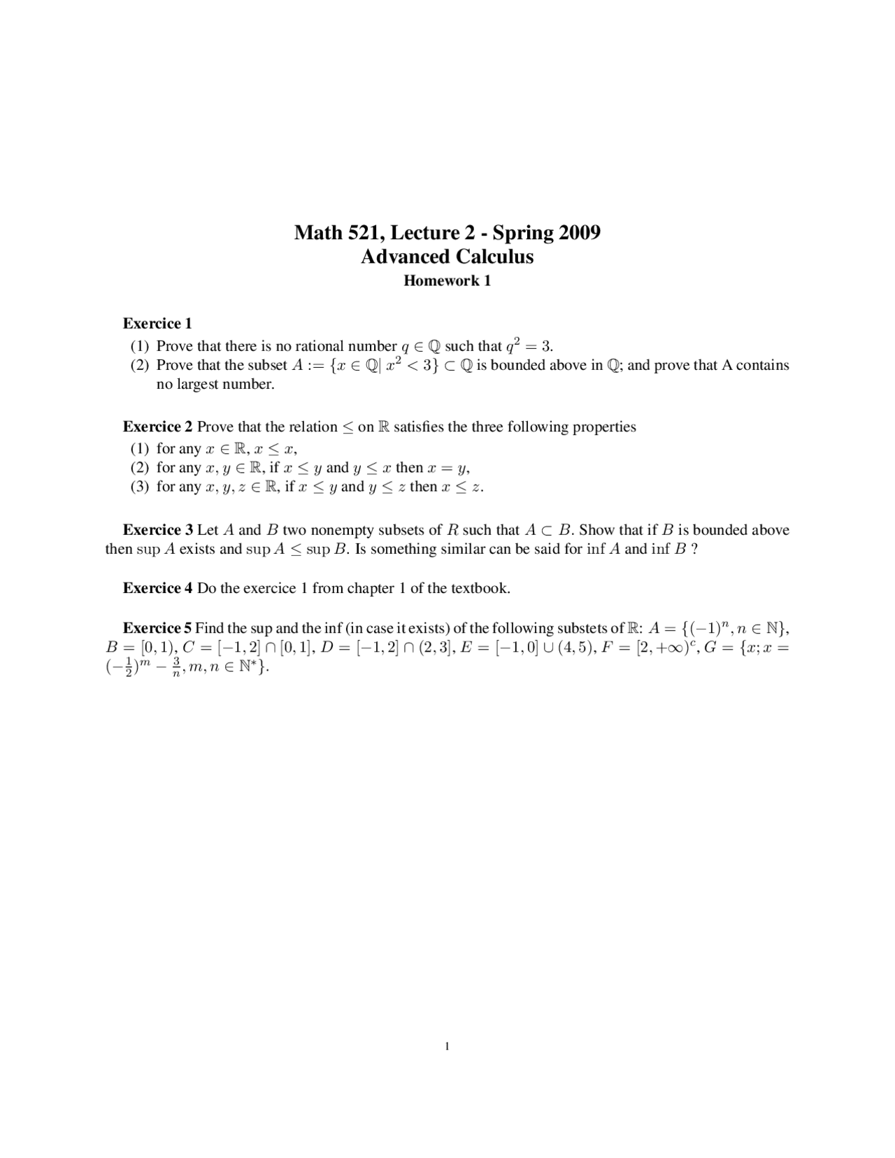 Homework 1 Problems Advanced Calculus Math 521 Docsity