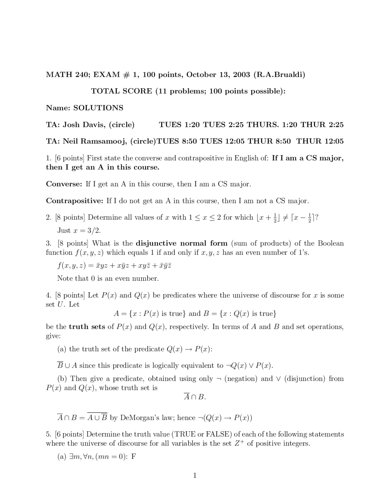 Solutions Exam 1 Introduction To Discrete Mathematics Math 240