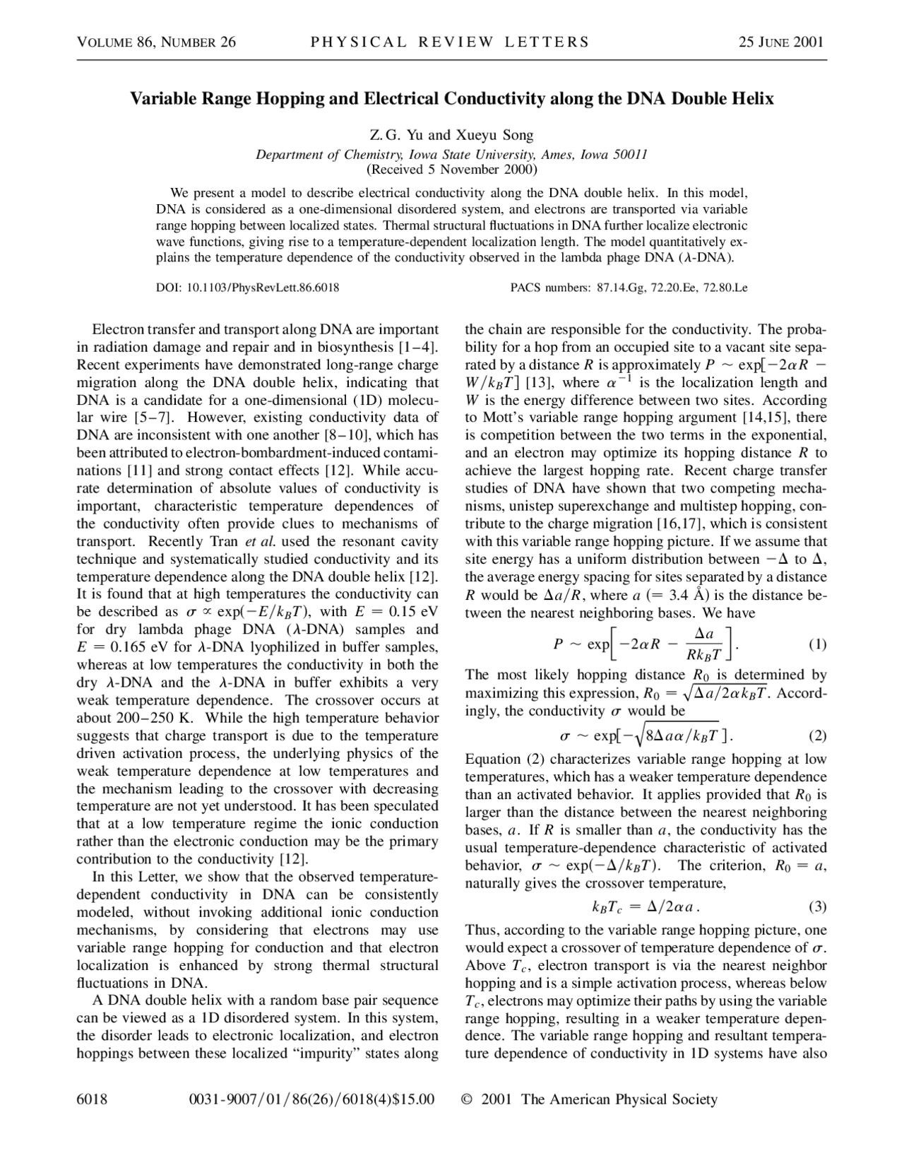 Variable Range Hopping and Electrical Conductivity Along DNA Double ...
