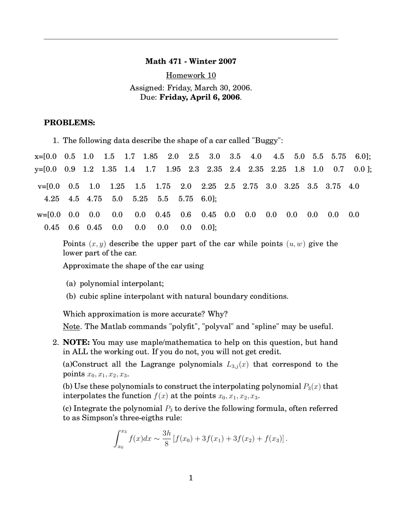Assignment 10 Questions - Introduction to Numerical Mathematics | MATH 471 - Docsity