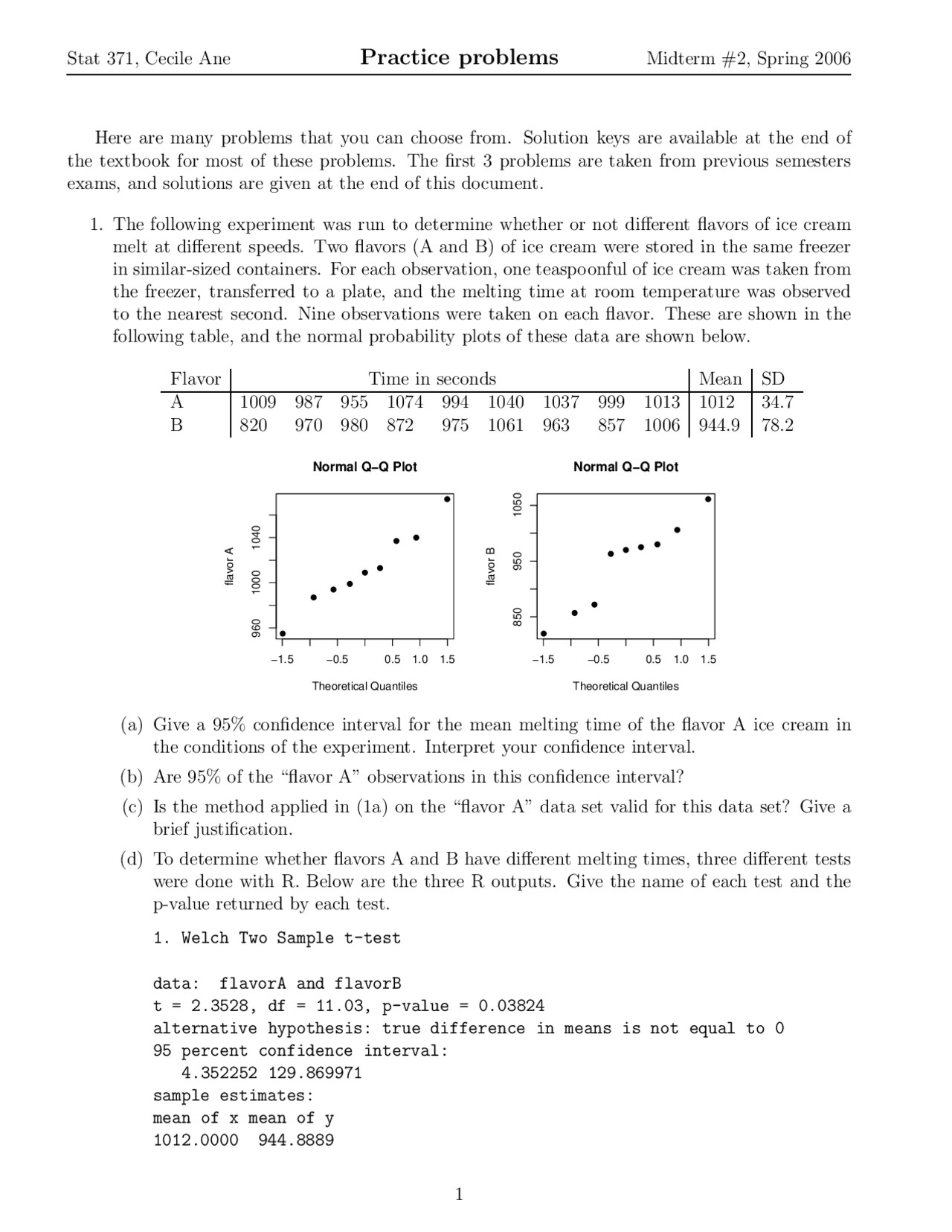 Practice Problems For Midterm Exam 2 Introductory Applied Statistics Stat 371 Docsity
