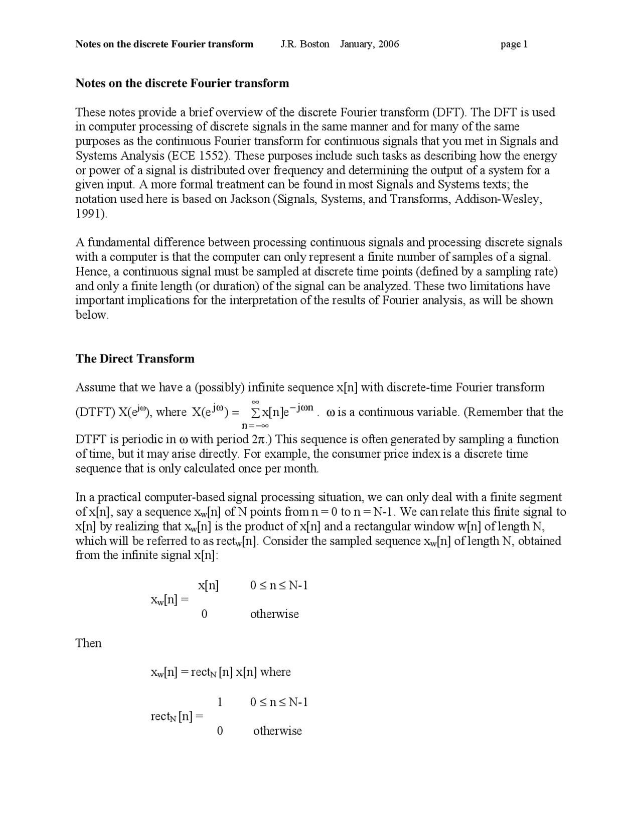 The Discrete Fourier Transform Lecture Notes Ece 1552 Docsity