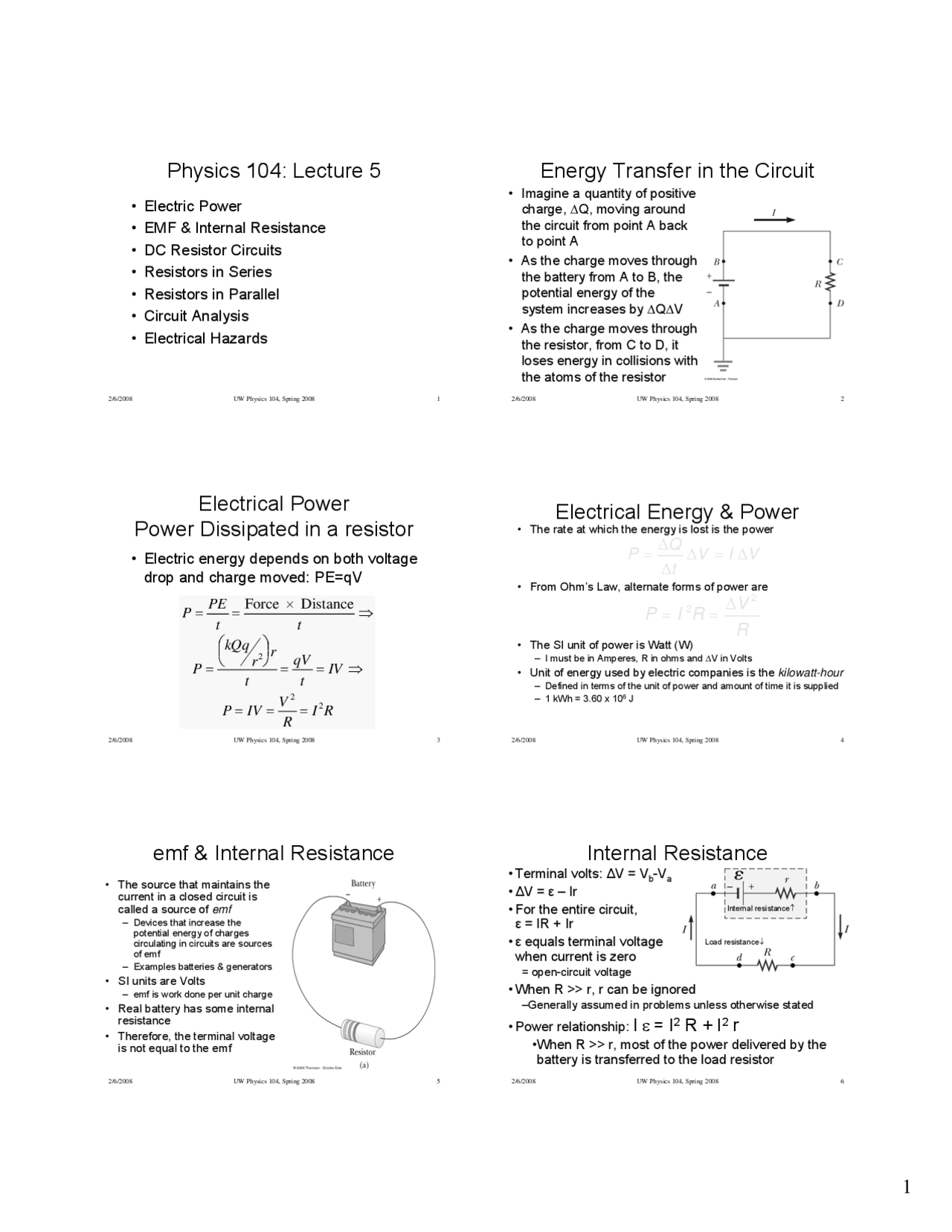 Electric Power, EMF and Internal Resistance, Circuit Analysis - Notes ...