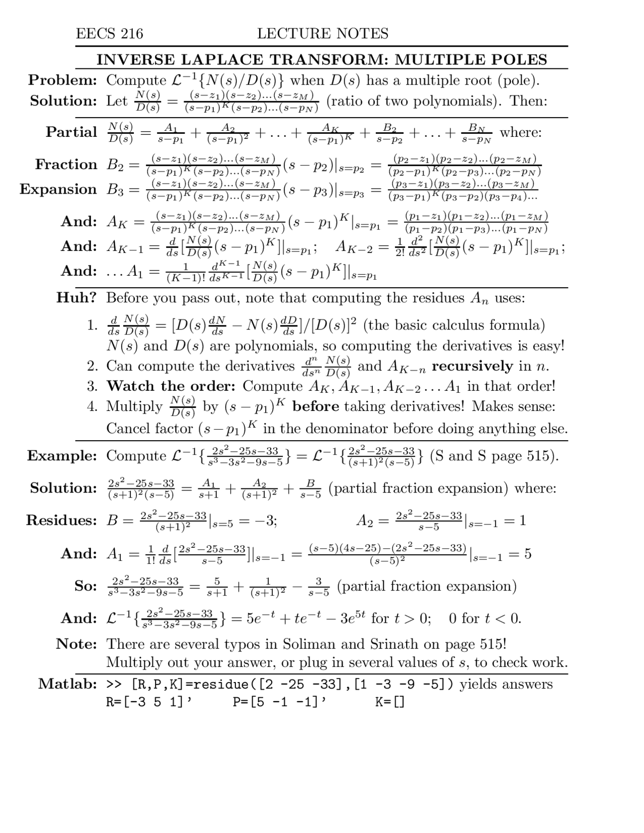 Inverse Laplace Transform Multiple Poles Lecture Notes Eecs 216 Docsity