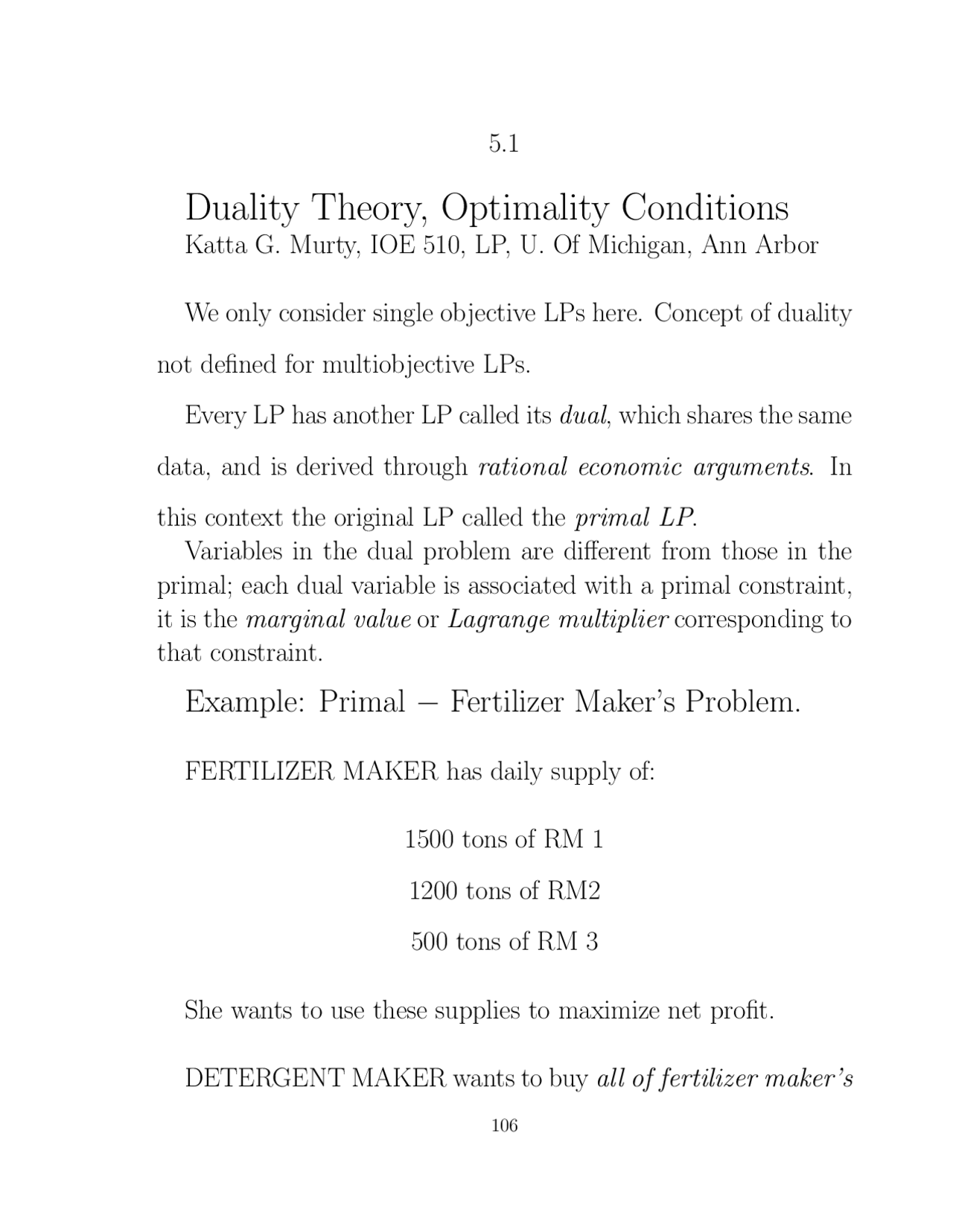 Duality Theory Optimality Conditions Linear Proportional Handout Ioe 510 Docsity