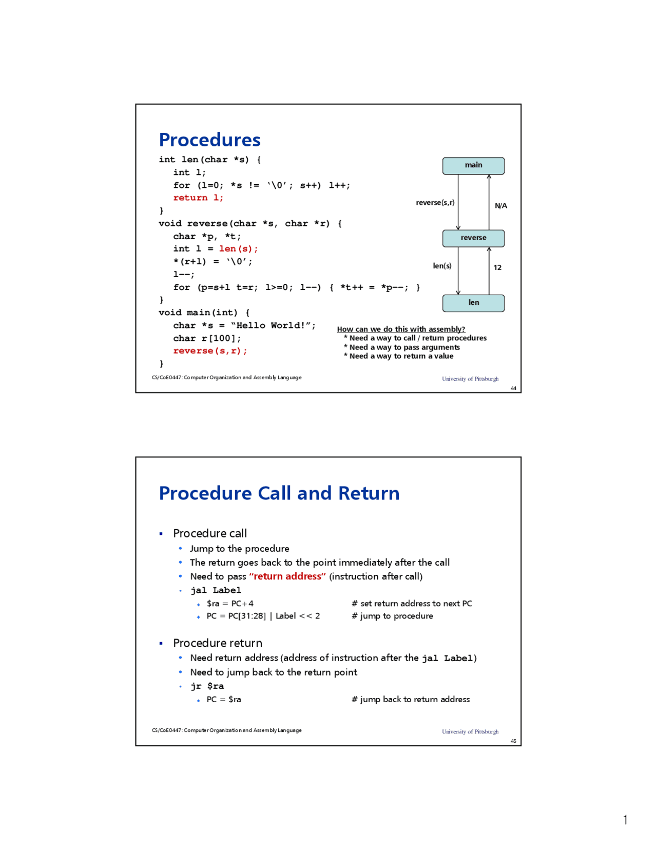 Arguments, Return Values and Procedures Calls | CS 0447 - Docsity
