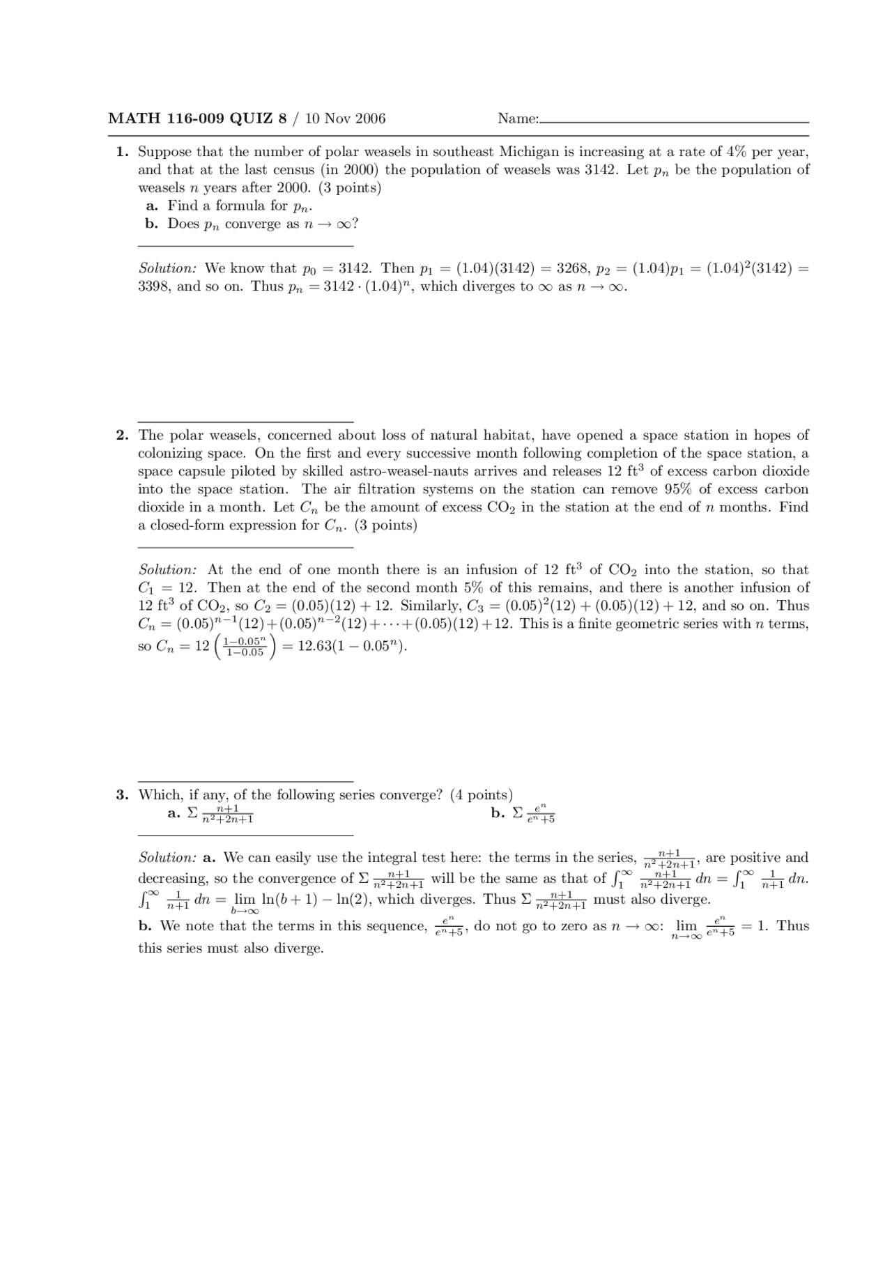 Quiz 8 Questions with Answer - Calculus II | MATH 116 - Docsity
