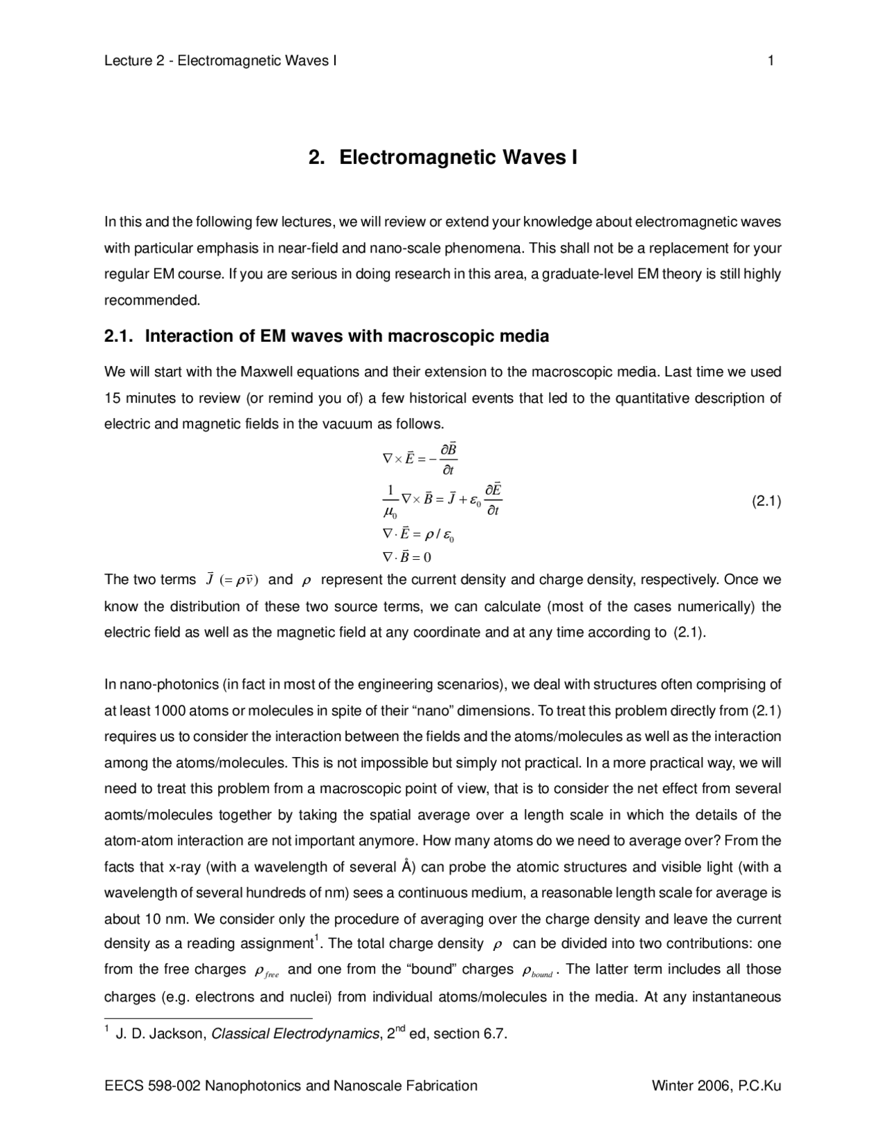 Electromagnetic Waves I - Special Topics | EECS 598 - Docsity