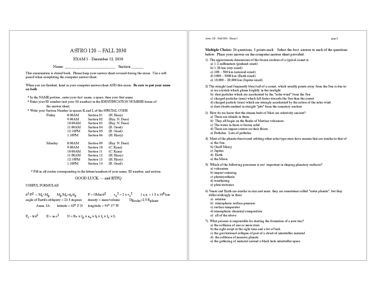Sky And Solar System 26 Multiple Choice Questions Exam Astro 120