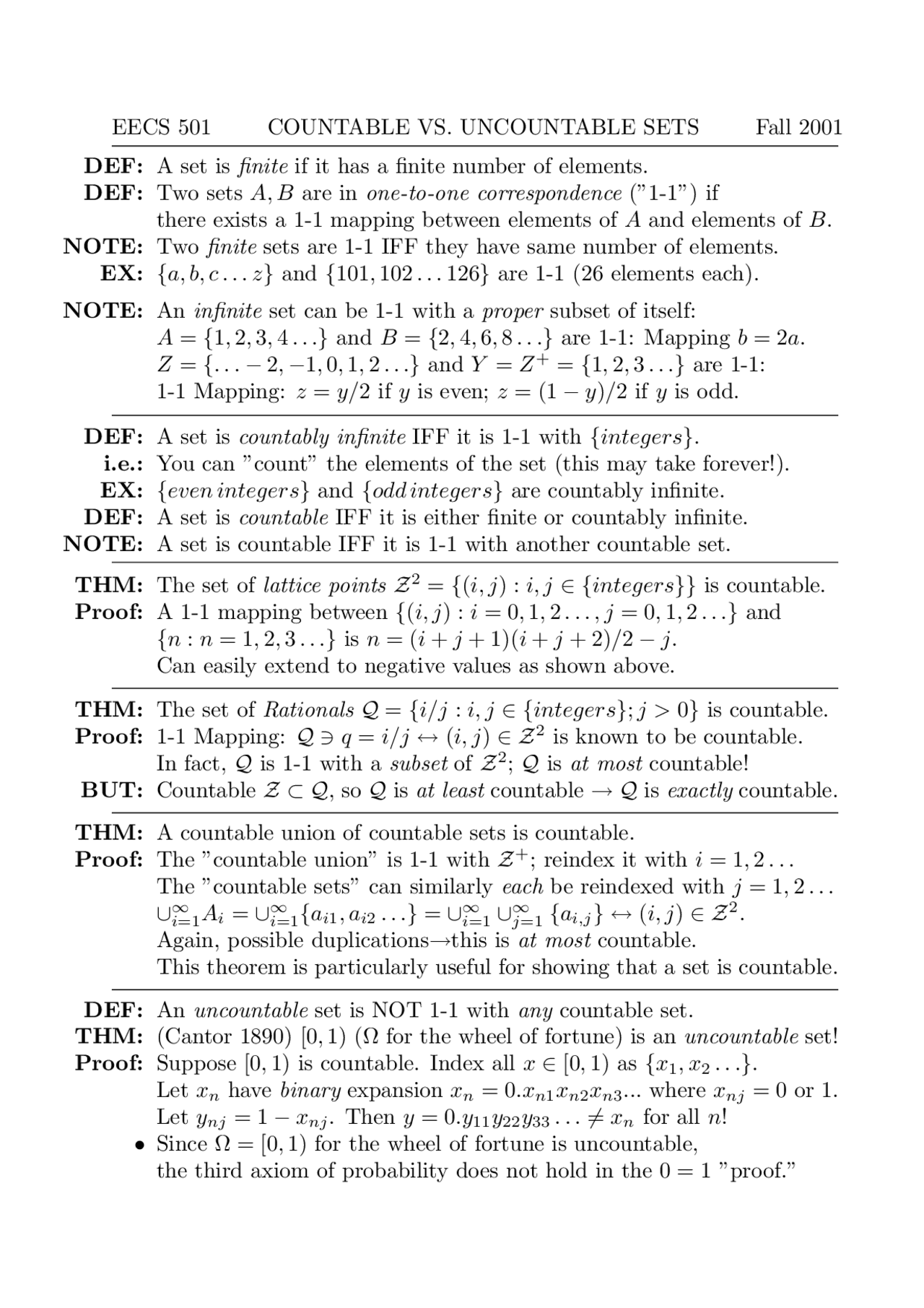 Countable vs Uncountable Sets - Lecture Notes | EECS 501 - Docsity