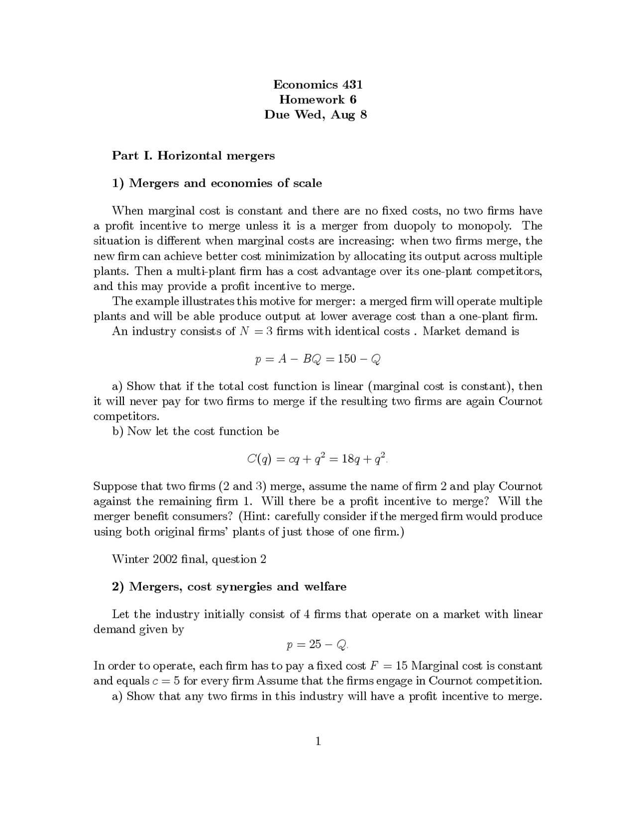 Homework 6 Industrial Organization And Performance Econ 431